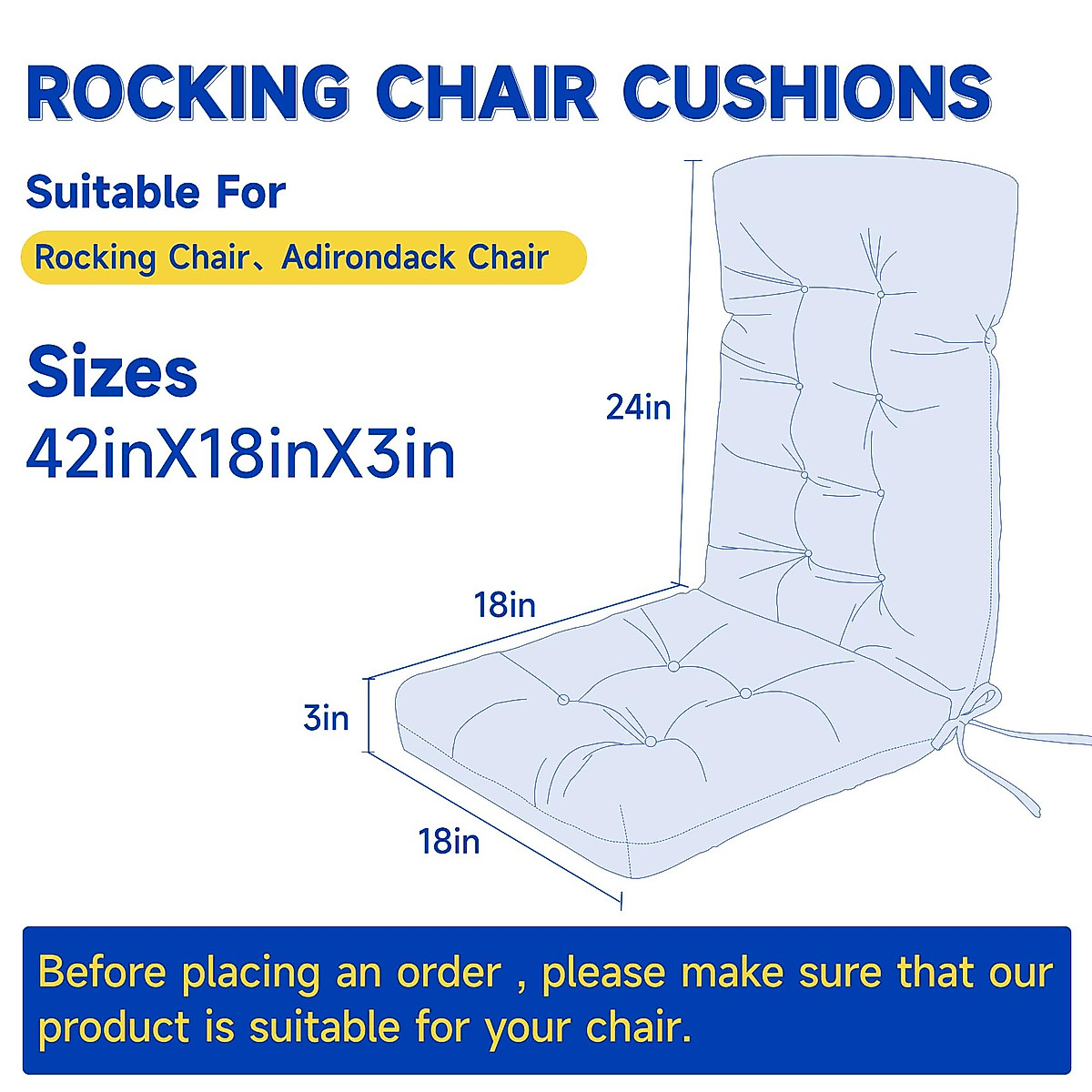 ROFIELTY Rocking Chair Cushion. Padded Tufted Rocking Chair Cushions Indoor. Double Non-Slip Delicate Tufted Rocking Chair Cushion. (Night Black, 42X18X3)