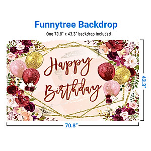 Funnytree Burgundy Floral Happy Birthday Party Backdrop Rose Gold Photography Background Women Lady Girl 16th 30th 40th 50th 60th Milestone Anniversary Bday Banner Supplies Prop Favors