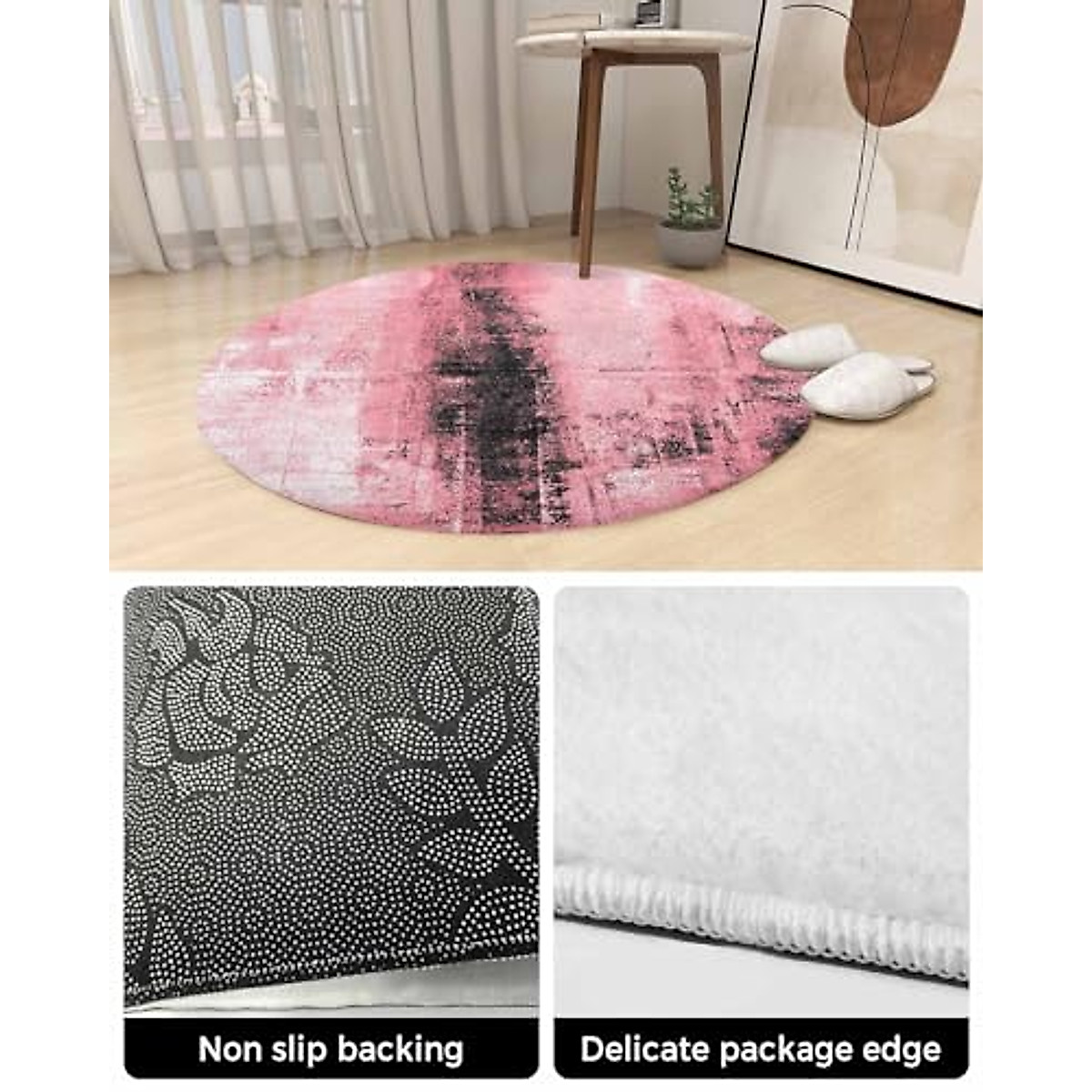 Modern Abstract Fluffy Round Area Rug Carpets 3ft, Plush Shaggy Carpet Soft Circular Rugs, Non-Slip Fuzzy Accent Floor Mat for Living Room Bedroom Nursery Blush Pink Painted Geometric Graffiti Art
