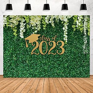 Aperturee Class of 2023 Graduation Photography Backdrop 7x5ft Green Leaves Wall Prom Congrats Grad Bachelor Cap Spring Still Life Grass Leaf Background Party Decorations Photo Studio Booth Prop Banner