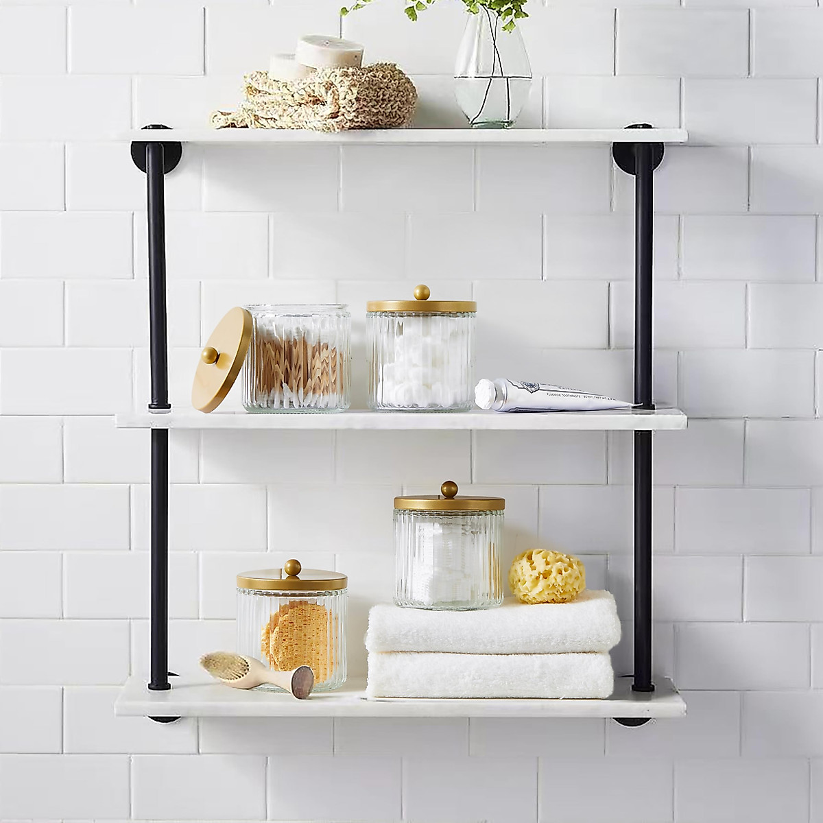 KMwares Glass Qtip Holder Dispenser Set for Cotton Ball, Swab, Round Pads, Floss Picks - Bathroom Canister Storage Organization and Vanity Makeup Organizer (2, Golden)