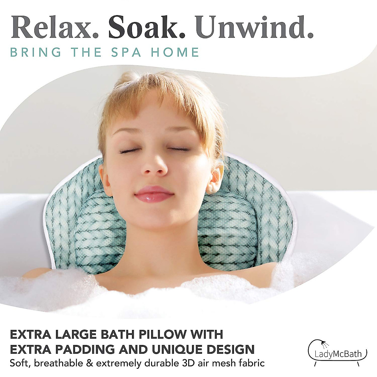 Lady McBath Bath Pillow - Luxury Bath Pillows for Tub Neck and Back Support - Powerful Suction Cups, Machine Washable Bathtub Accessory for Relaxation (Turquoise)