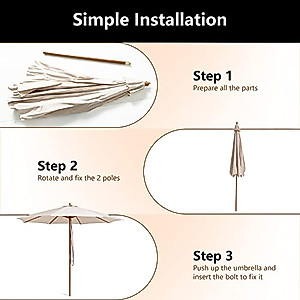 HAPPYGRILL 10 FT Patio Wooden Umbrella Table Market Umbrella with 8 Bamboo Ribs, 3 Adjustable Heights, Rope Pulley Lift, Detachable Pole & Vented Roof, Outdoor Umbrella for Garden Poolside Backyard