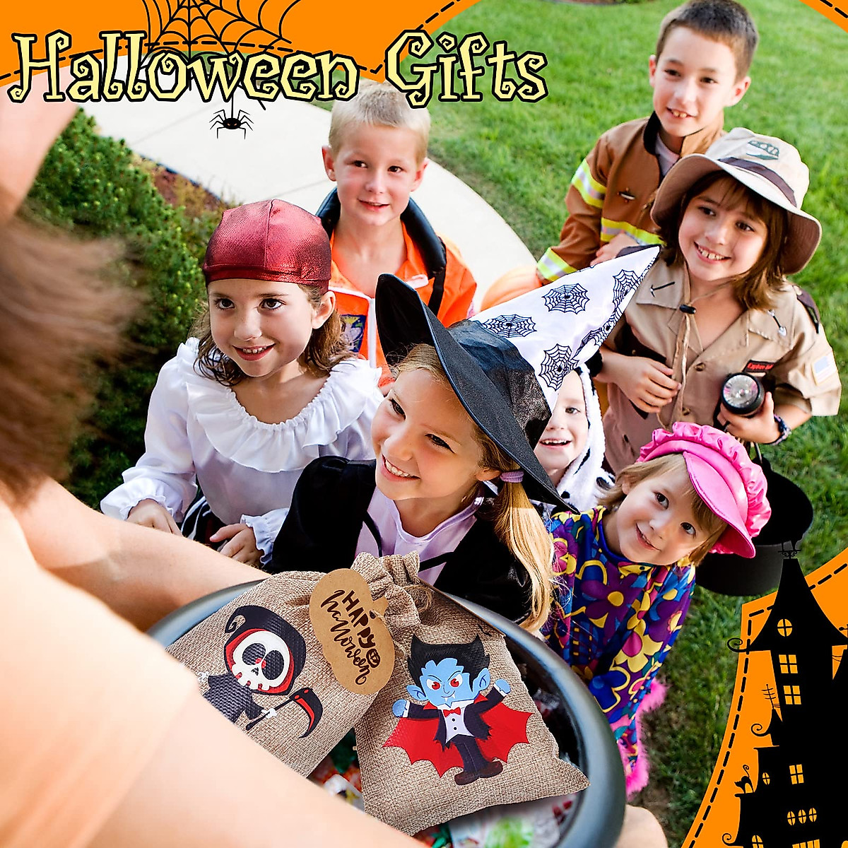 24 Pcs Halloween Burlap Treat Bags with Pumpkin Cards and Drawstring 7 x 5 Inch Halloween Linen Jute Bag Trick or Treat Burlap Candy Bag Halloween Candy Pouches for Halloween Party Favor (Funny Style)