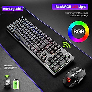 Rechargeable Gaming Keyboard Mouse Combo,2.4G Wireless,16 Kinds of RGB LED Backlit,Mechanical Feeling Keyboards with Knob Control,2400dpi Ergonomic Mouse with 7 Color Breathing LED Light (Black RGB)