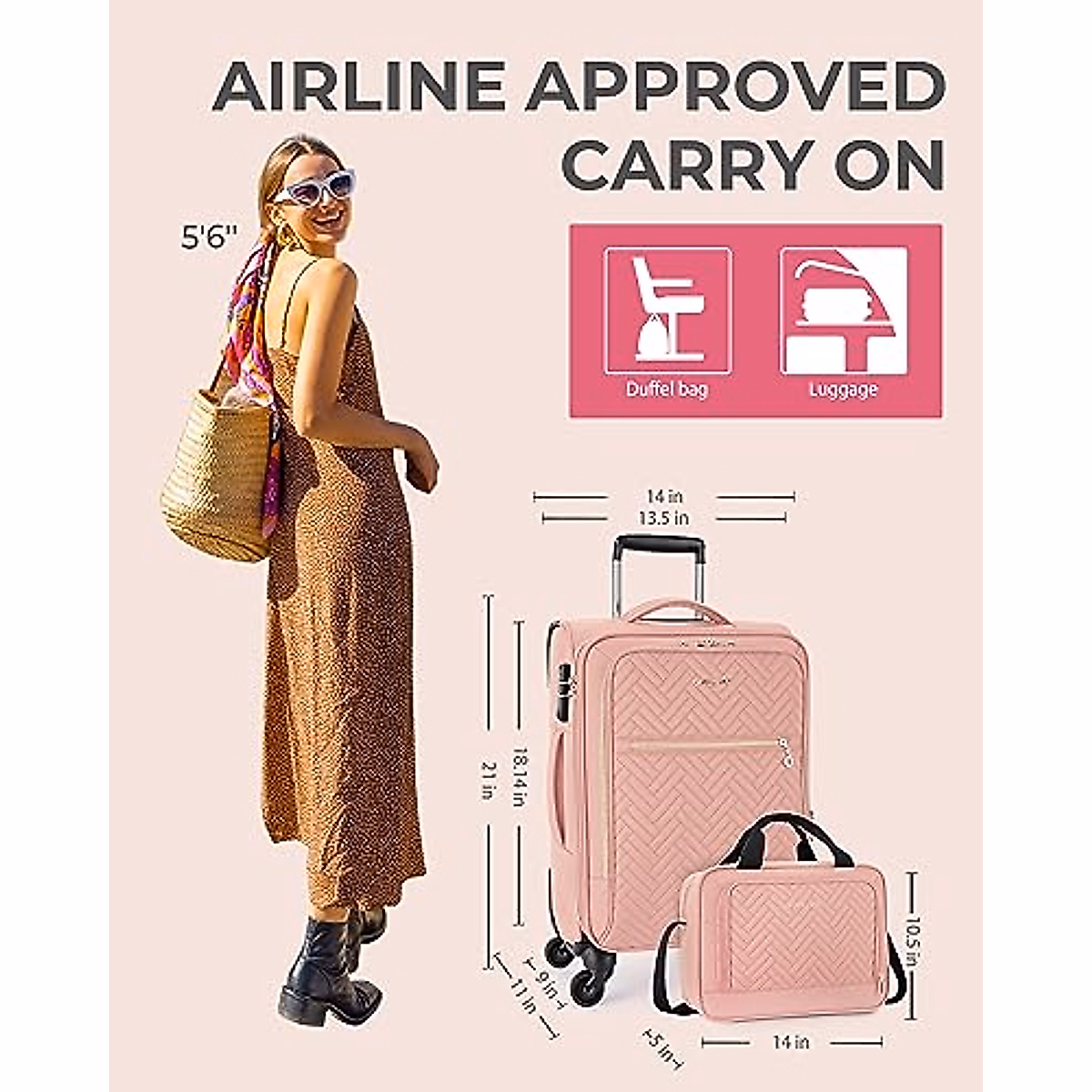 BAGSMART Carry On Luggage 20 Inch, Expandable Suitcase, 2 Piece Luggage Sets Luggage Airline Approved Rolling Softside Lightweight Suitcases with Front Pocket for Women Men, Carry-On Pink