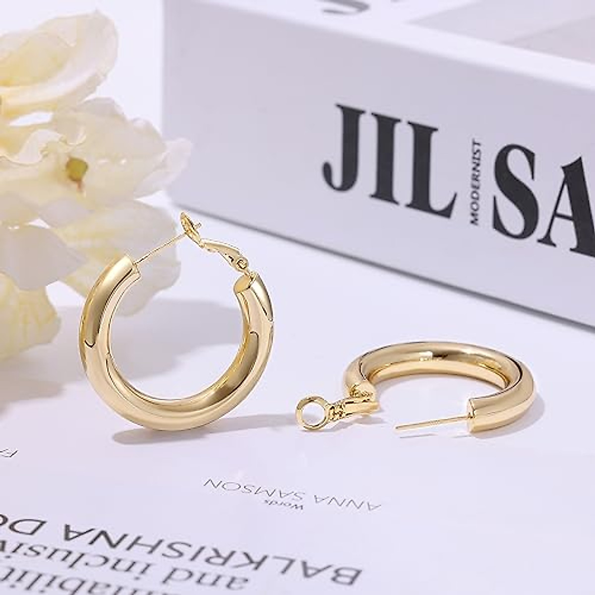 sovesi Chunky Hoop Earrings for Women with 925 Sterling Silver Post, 14K Gold Plated Thick Hoops, 30mm