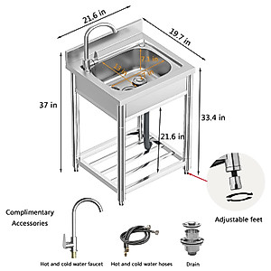 Free Standing Stainless-Steel Single Bowl Commercial Restaurant Kitchen Sink Set w/Faucet, Prep & Utility Washing Hand Basin w/Storage Shelve, laundry tub for Indoor Outdoor (22in)