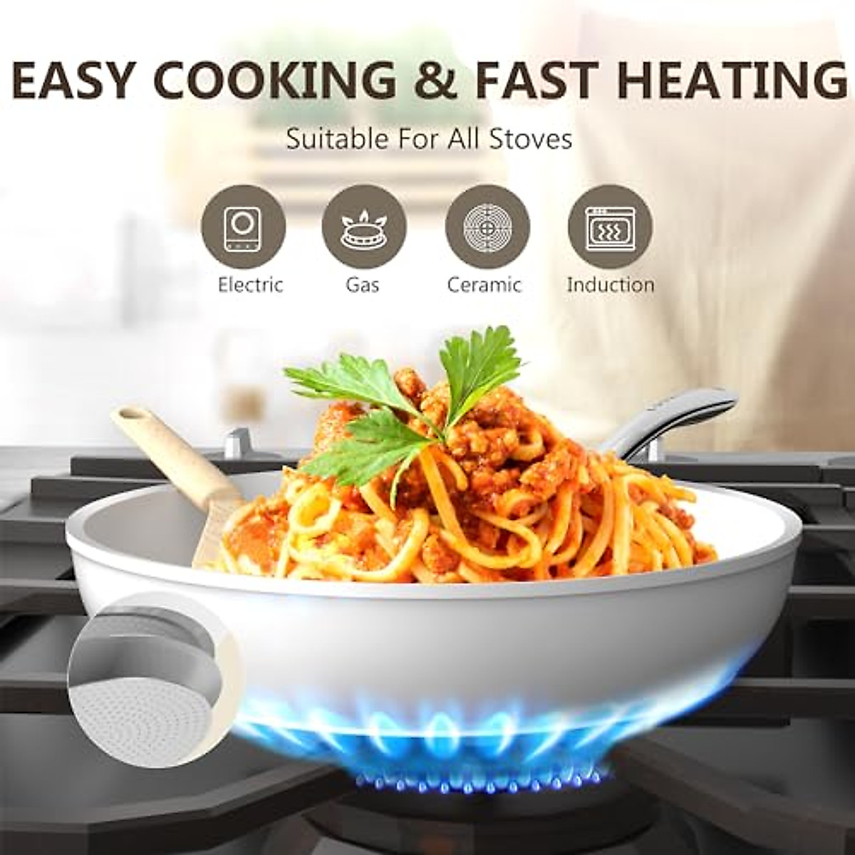 COOKSMARK Nonstick Ceramic Cookware Set, 10 Pieces White Pots and Pans Set with Glass Lids & Stainless Steel Handles, Induction Cookware Set & Dishwasher Oven Safe, Scratch-Resistant