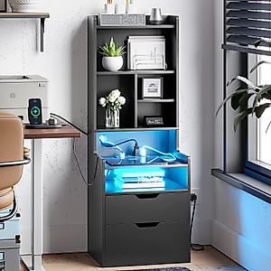 ADORNEVE Tall Night Stand with Charging Station and LED Lights,Nightstand with Bookshelf,Bedside Table with Drawers & Power Outlets,End Side Table for Bedrooms (Black)