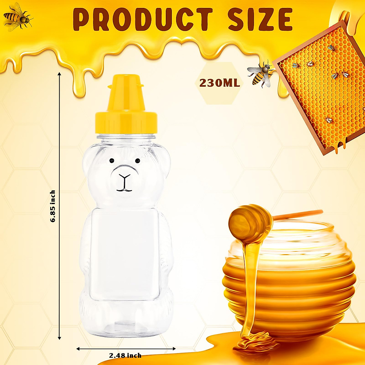 Hushee 72 Pcs 8 oz Plastic Honey Bear Bottle Empty Honey Squeeze Bottle with Spill Proof and Leak Resistant Lid Bear Juice Bottle Drinking Cup for Baby Shower Gifts, Beekeeping, Honey Dispensing