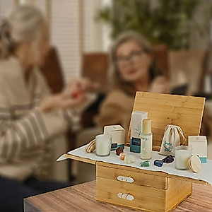 Energy Mindfulness Altar Starter Kit with Altar Cloth, Sage Spray, 2 Soy Wax Candles, 7 Chakra Healing Crystals - Bamboo Wooden Box with Fold-Out Table Top & Drawers with Quartz Crystal Handles