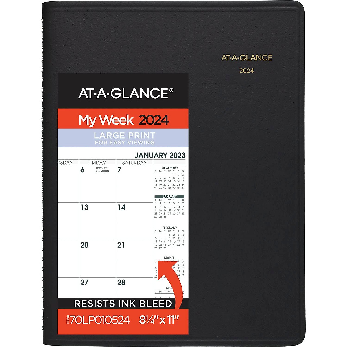 AT-A-GLANCE 2024 Weekly Appointment Book Planner, 8-1/4" x 11", Large, Large Print, Black (70LP010524)