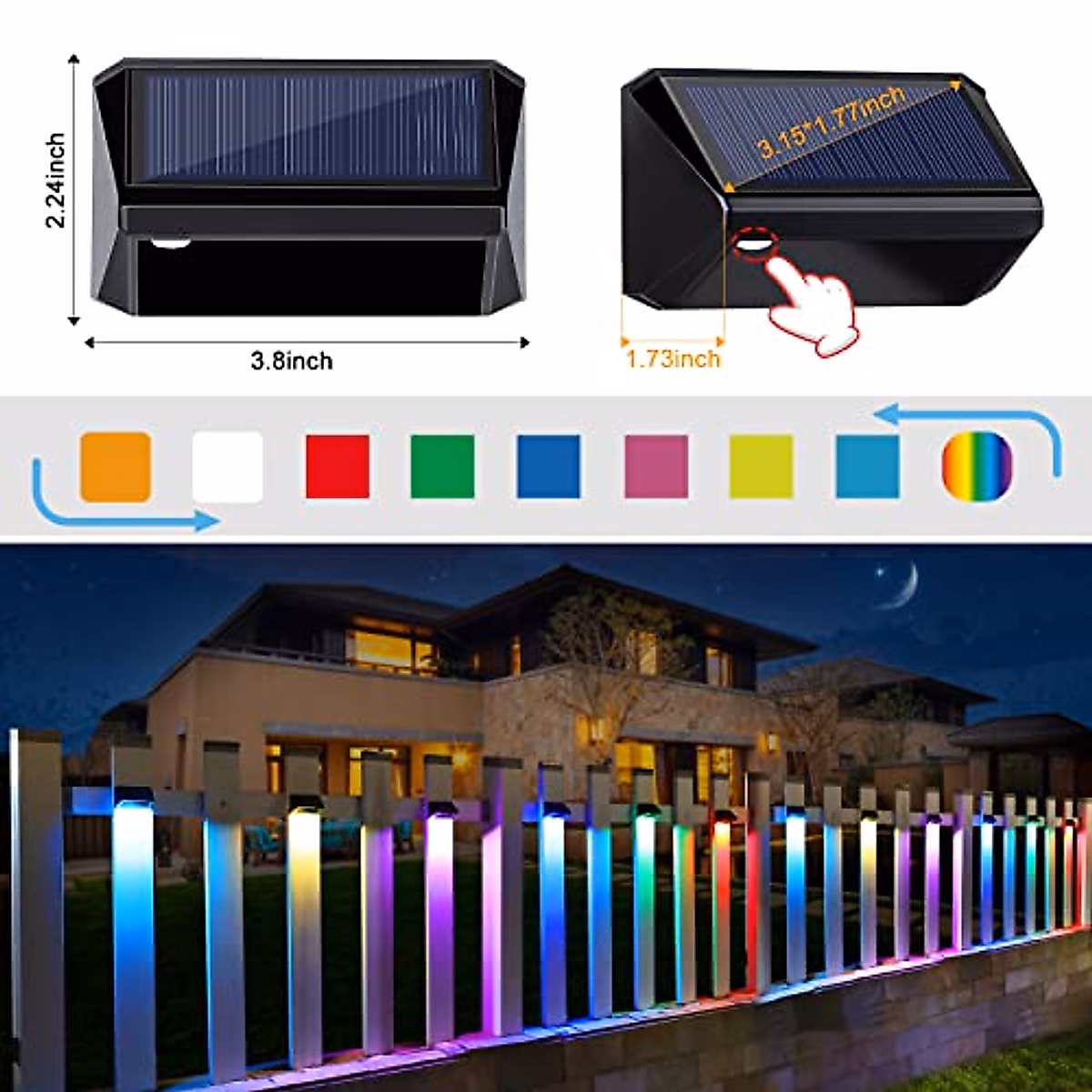 JOFIOS Solar Fence Lights, 8Modes Warm White, Cool White and RGB, Lights Outdoor Waterproof, Solar Power Deck Lights Perfect for Patio, Yard, Wall, Fence, Step. (6pack)
