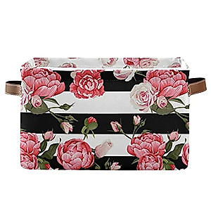Oyihfvs Floral Peony and Roses Flowers On Black White Stripes Square Shelves Storage Basket Bin, Waterproof Laundry Hamper Bucket, Baby Nursery Organizer with Handles for Toys Clothes Room Closets
