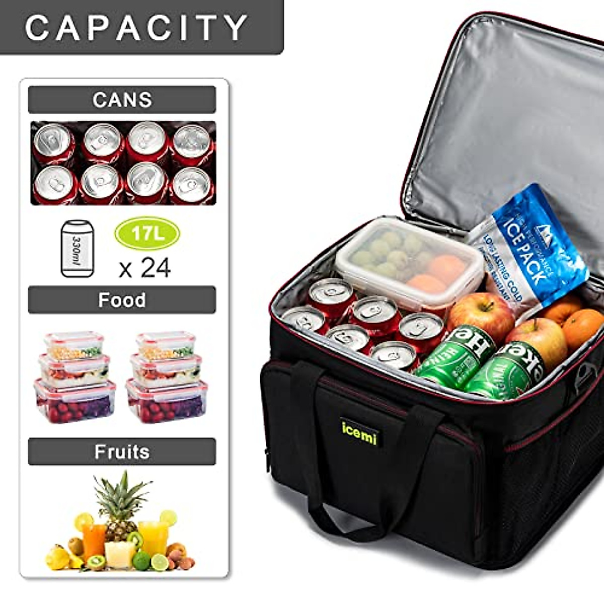 iceMi Large Insulated Lunch Bag, Black, Unisex, 17L