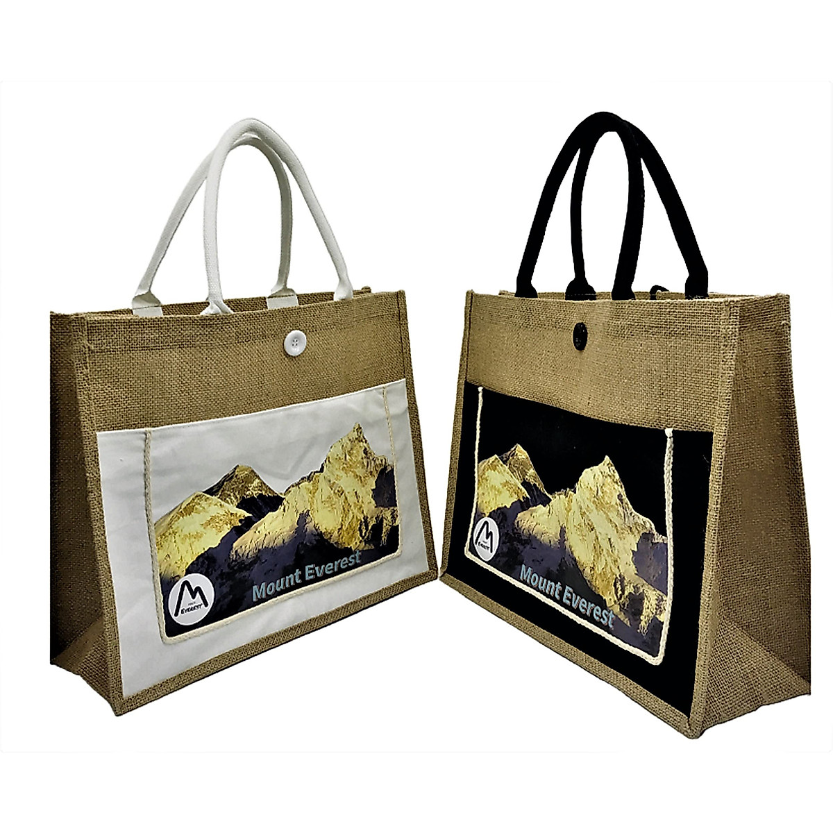 Mount Everest Jute Reusable Grocery Bag, Tote Bag, Canvas Tote Bag, Grocery bag -Black & White (Pack of 2)