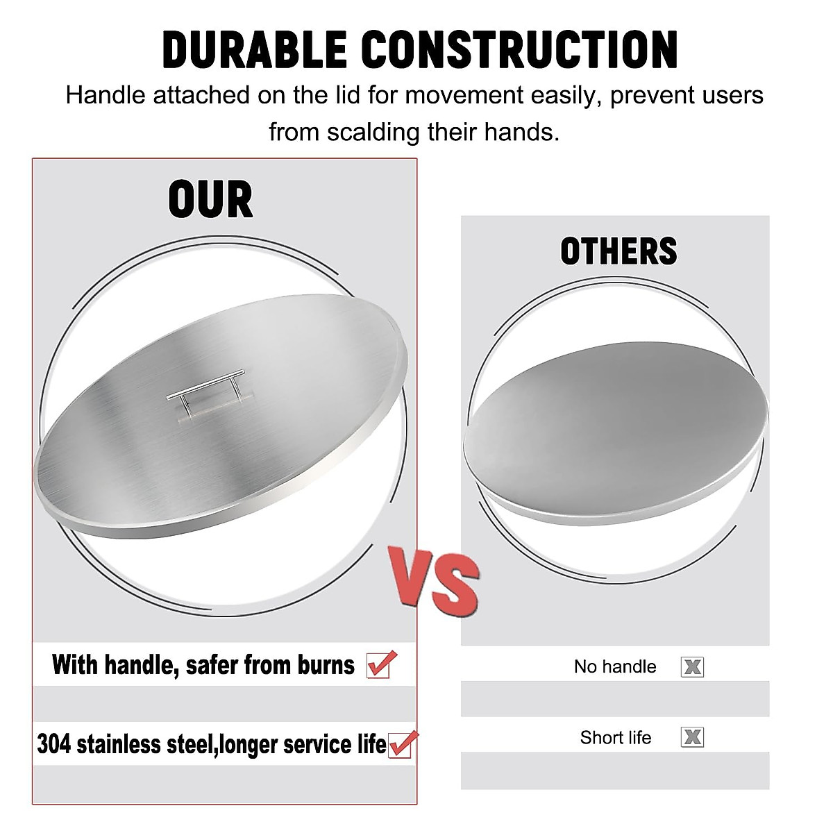 Dardoo Fire Pit Lid Stainless Steel 34'' Fire Pit Cover Round with Handle Thick Burner Cover Suitable for Round Burner Pan