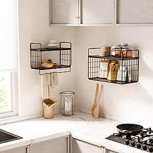 ENPKLUTE Bathroom Shelves Over Toilet Set of 2, Floating Bathroom Shelves Wall Mounted, Bathroom Shelf with Towel Bar & Toilet Paper Basket, Rustic Wall Shelves for Bathroom, Bedroom, Kitchen, Black