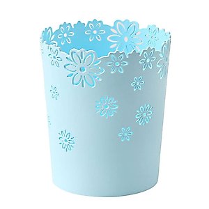 Plastic Trash Can Hollow Flower Wastepaper Basket Round Lidless Garbage Container Bin Blue Paper Basket