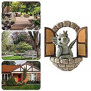 Newzeroin Lovely Courtyard Dragon Sculpture Resin,Decorative Outdoor Dragon Garden Statue,Window Shape Garden Dragon Statue,Wall Art Decor Indoor Outdoor (A)
