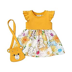 PATPAT Care Bears 2pcs Baby Girl Solid & Print Spliced Flutter-Sleeve Dress with Crossbody Bag Set Yellow 9-12 Months