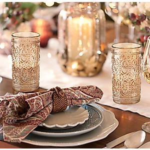 6 Pack Highball Beverage Glass Cup, 12oz Amber Glassware Drinking, Vintage Embossed Drinking Glasses, Old Fashioned Glass for Party Wedding Home Office and Gift