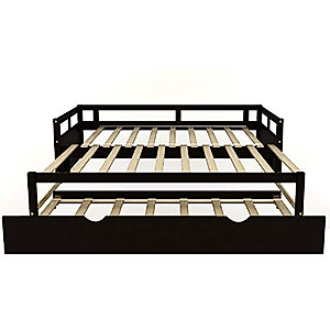 Merax Modern Wood Daybed with Pop Up Trundle Twin to King Triple Sofa Bed Frame for Kids Teens Adults/No Box Spring Needed Espresso