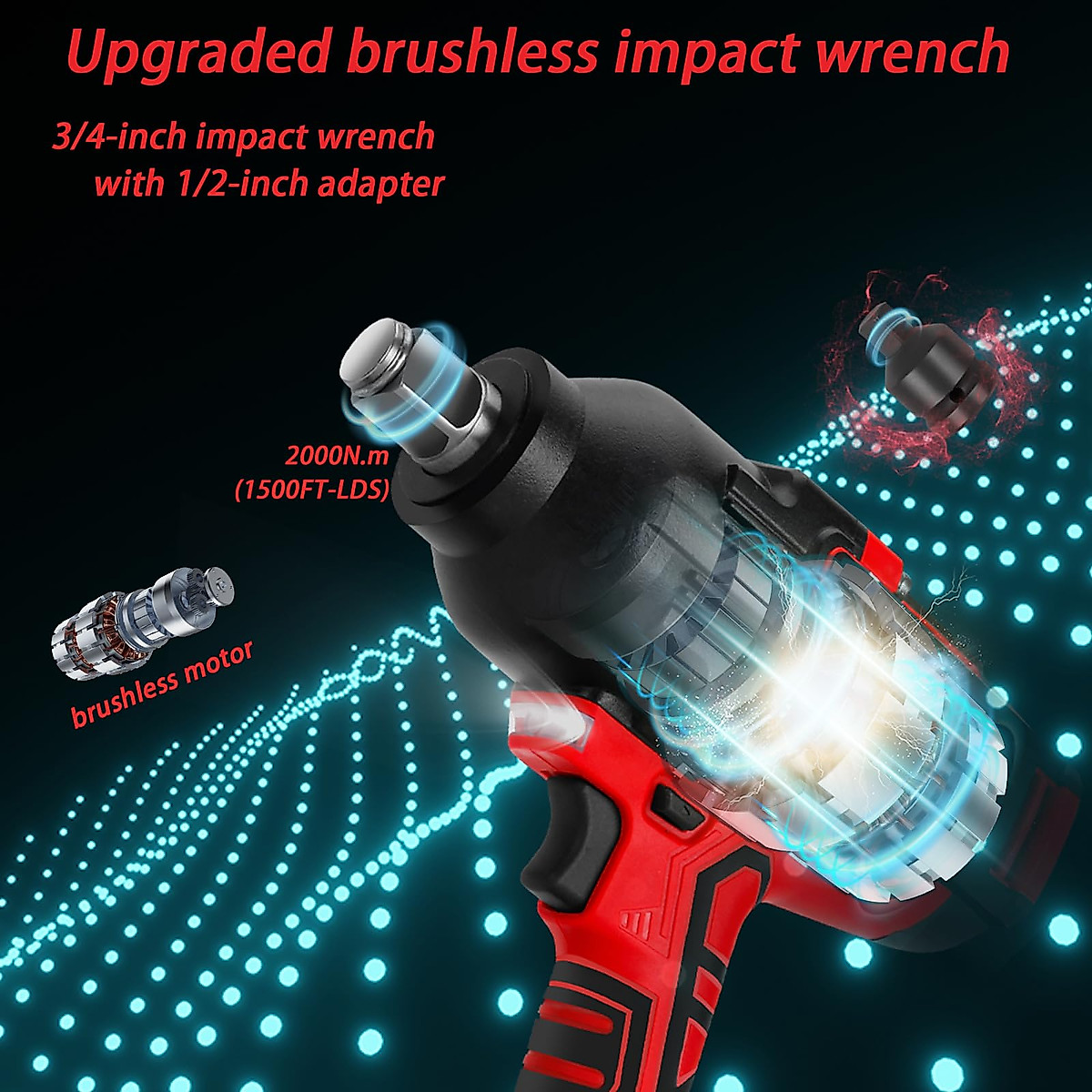 TIKTIK 2000N.m cordless impact wrench,3/4" to 1/2" power impact wrenches,1500Ft-lbs High Torque Brushless Impact Gun w/ 2 x 4.0Ah Battery & Fast Charger,Electric Impact Wrench for Heavy-duty Truck RV