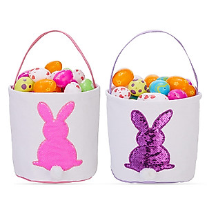 Zhuqing Easter Bunny Basket Bags, 2 Pack Bunny Bags with Fluffy Tail for Kids Boys Girls, Carrying Gift and Easter Eggs Hunt Bag, Printed Rabbit Canvas Toys Bucket Tote (Pink & Purple)