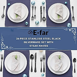 E-far 24-Piece Black Silverware Set with Steak Knives, Stainless Steel Flatware Cutlery Set for 4, Matte Black Metal Eating Utensils Sets Include Forks and Spoons Knife, Modern Design & Rust Proof