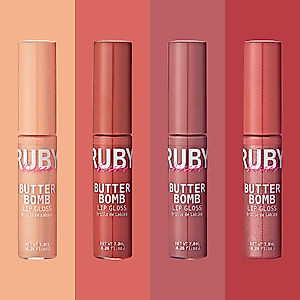 Ruby Kisses Lip Gloss Butter Bomb Gloss Non-Sticky Lip Gloss Vitamin E Natural Nude Lip Makeup- 7.8mL (0.26 US fl.oz) without Box (Champagne, Warm Hug, Flirty, Pilowtalk)