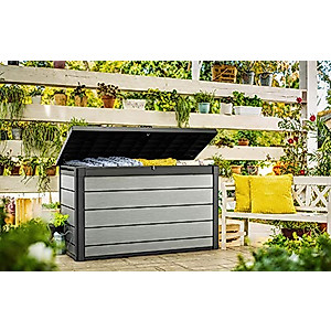 Keter Denali 200 Gallon Resin Large Deck Box-Organization and Storage for Patio Furniture, Outdoor Cushions, Garden Tools and Pool Toys, Grey & Black