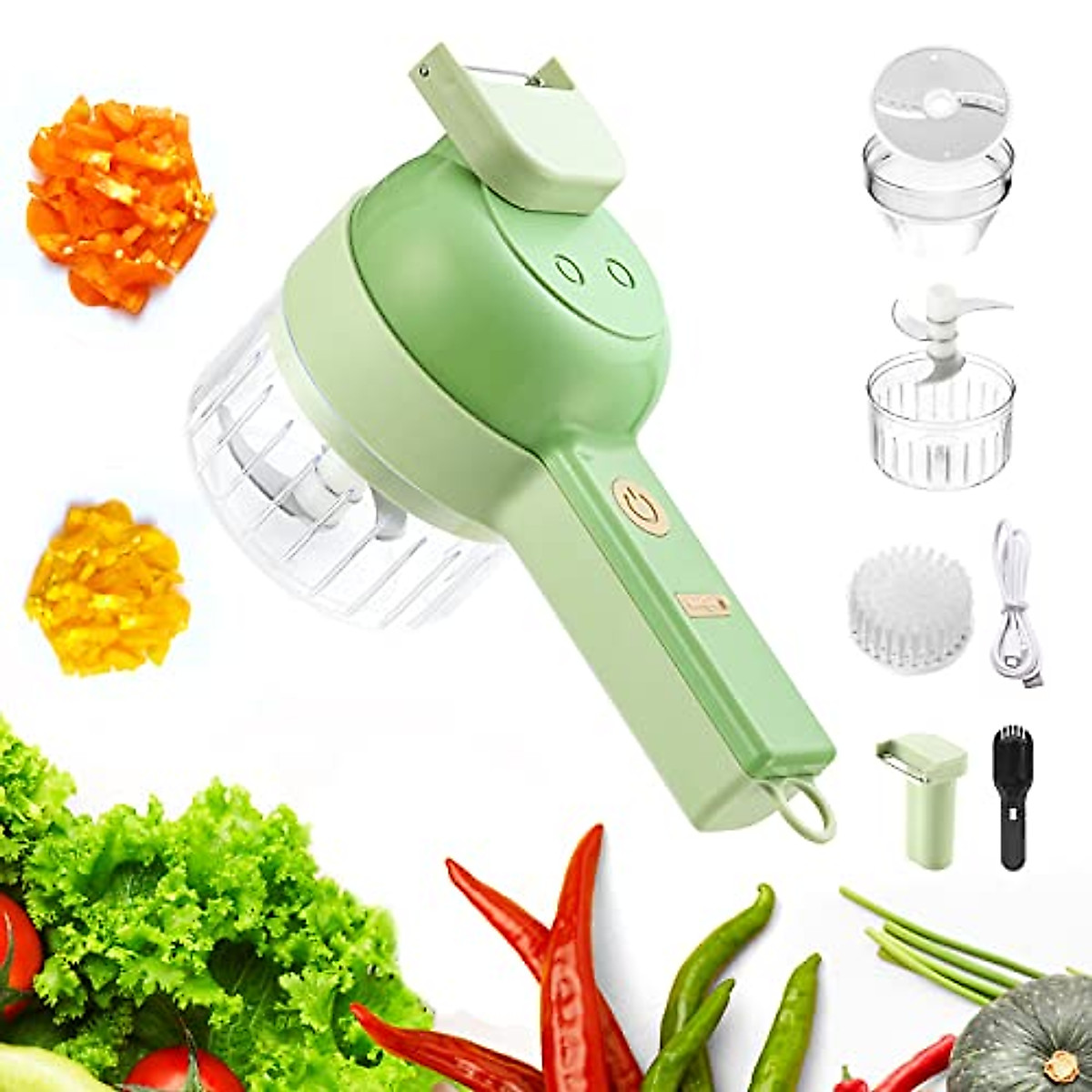 4 in 1 Handheld Electric Vegetable Cutter Set, Cordless Electric Garlic Chopper, Portable Food Slicer and Chopper for Garlic Pepper Chili Onion Celery Ginger Meat