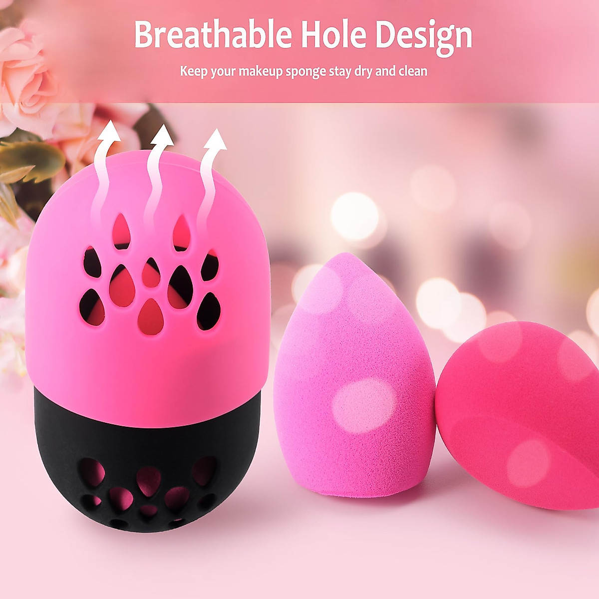 keilend Makeup Sponge Holder, Beauty Sponge Container with Cover,Reusable Protective Carrying Container,Sponge Dustproof Case for Travel, Home(Pink-Black)