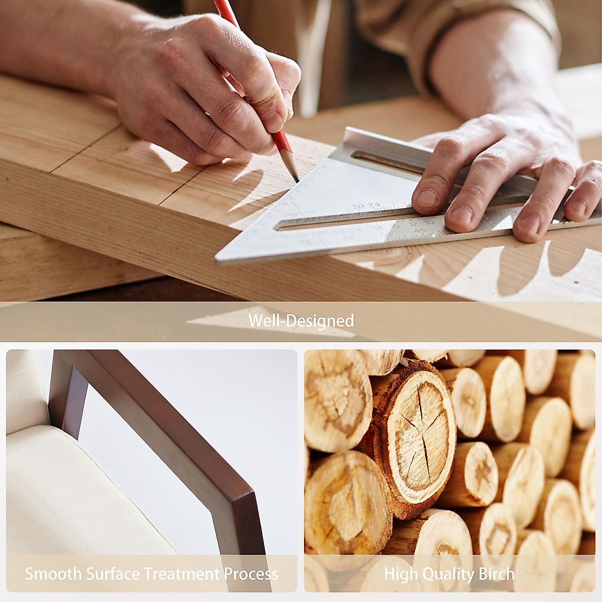 HUIMO Arm Chair Accent Chair, Wooden Mid-Century Modern Accent Chairs, Elegant Upholstered Lounge Chair for Living Room, Bedroom, Linen Fabric Padded Reading Chair, Side Chair (White)