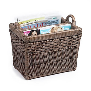 The Basket Lady Rectangular Wicker Divided Magazine Basket, 15.5 in L x 12 in W x 12.5 in H, Antique Walnut Brown