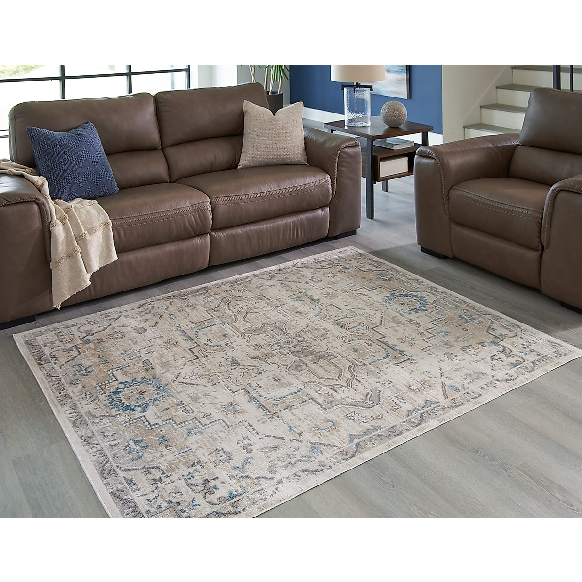 Signature Design by Ashley Barkham Transitional Machine Washable 8x10 Area Rug, Light Gray & Blue