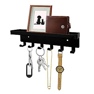 GTK Key Holder with Tray and 6 Hooks for Hallway, Key Rack with Shelf for Mail Storage (Black)