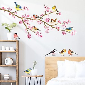 DECOWALL DS-8039 Cherry Blossom & Garden Birds Kids Wall Stickers Wall Decals Peel and Stick Removable Wall Stickers for Kids Nursery Bedroom Living Room (Small) d?cor
