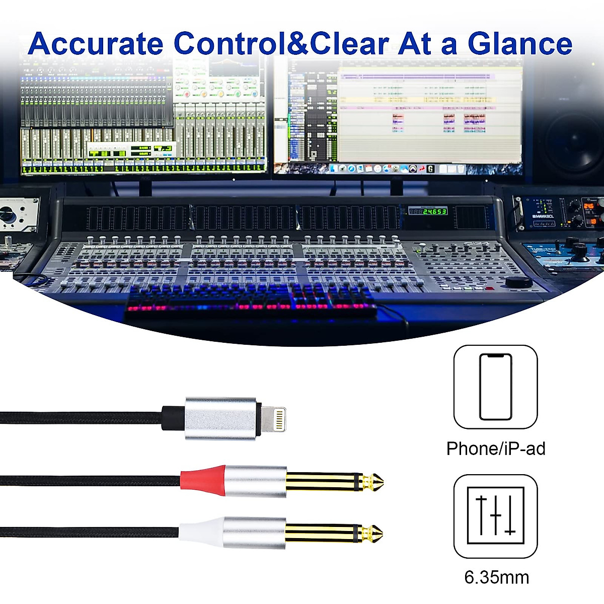 Enbiawit Lightning to Dual 6.35mm Mono Stereo Y-Cable Splitter Lightning to Dual 1/4 inch Audio Cable Compatible for iPhone14/13/12/11/X/XS/XR/8/7/iPad,Amplifier, Speaker, Headphone, Mixing Console