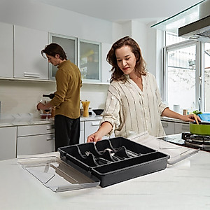 Loobuu Utensil Drawer Organizer with Lids, Silverware Tray for Kitchen Drawers, Plastic Cutlery Organizer in Drawer, 5 Compartments Flatware Organizer Tray for Kitchen and Office Drawer Storage