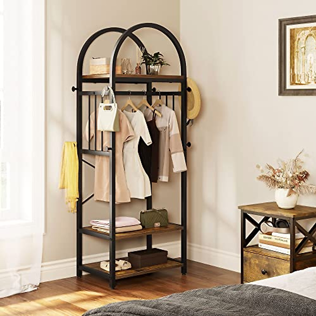 YITAHOME Industrial Hall Tree Garments Rack with Storage Shelves and Hanging Rod, Coat Rack Freestanding with 8 Hanging Hooks, Tall Clothes Rack Closet Organizer for Hallway, Bedroom, Rustic Brown