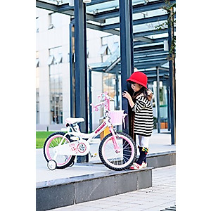 Royalbaby Princess Girl Children's Bicycle Outdoor Ride-On Bike with Training Wheels, Kickstand, Adjustable Seat and Basket, 16 Inch, Jenny/White-Pink
