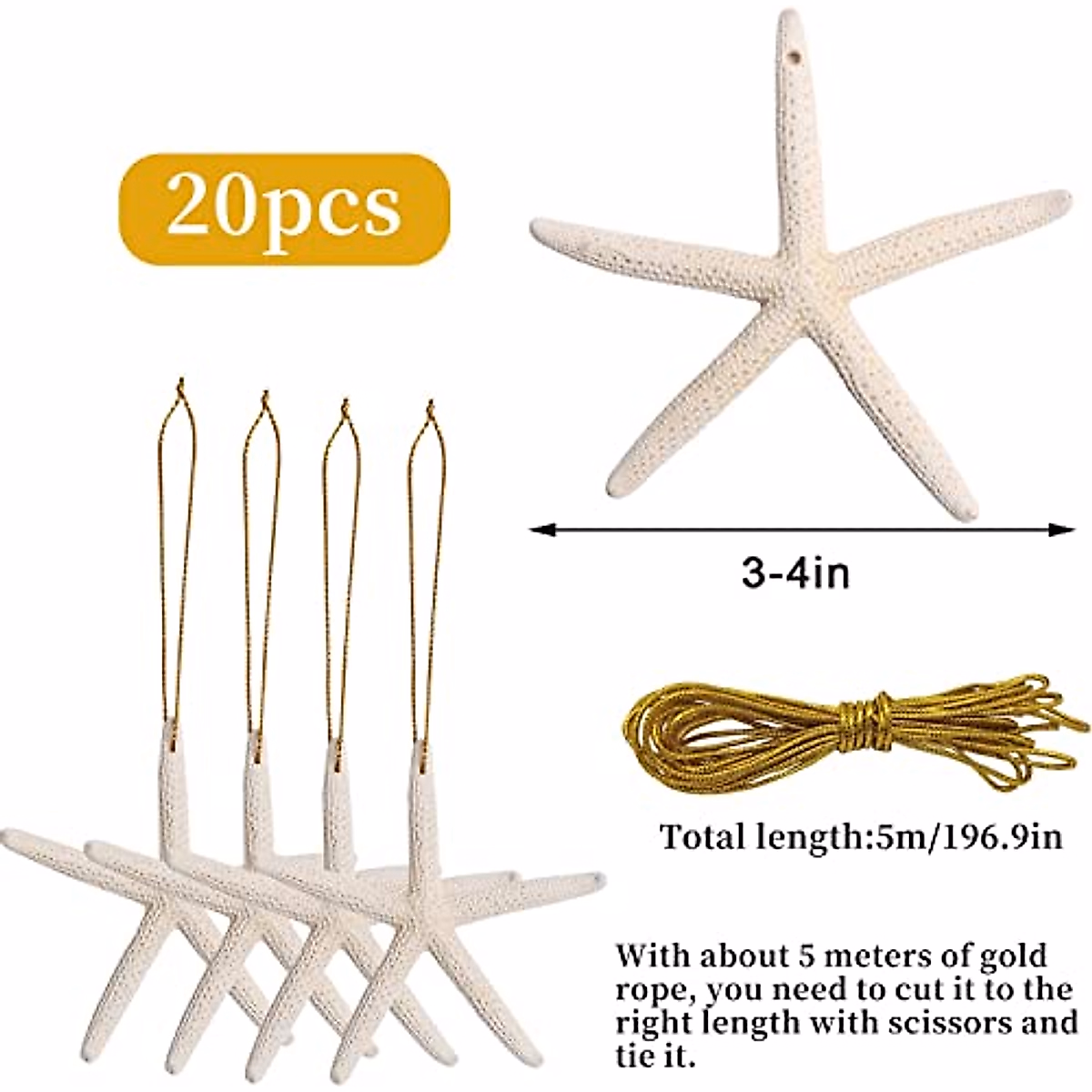 20 PCS Christmas Starfish Ornaments 3-4'' Natural Starfish Ornaments, with Rope for Christmas Tree Hanging Ornaments Beach Theme Wedding Home Starfish Decor & DIY Crafts