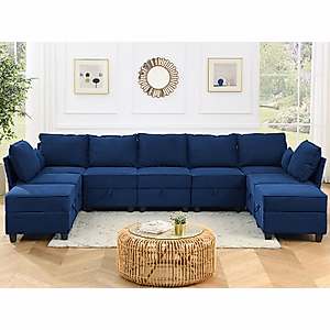 WinJoy 138 Inches 9 Seats Corduroy Storage Modular Sofa, U-Shaped Navy Blue Sectional Sofa with Ottomans for Living Room, Luxury Modular Couch Bed