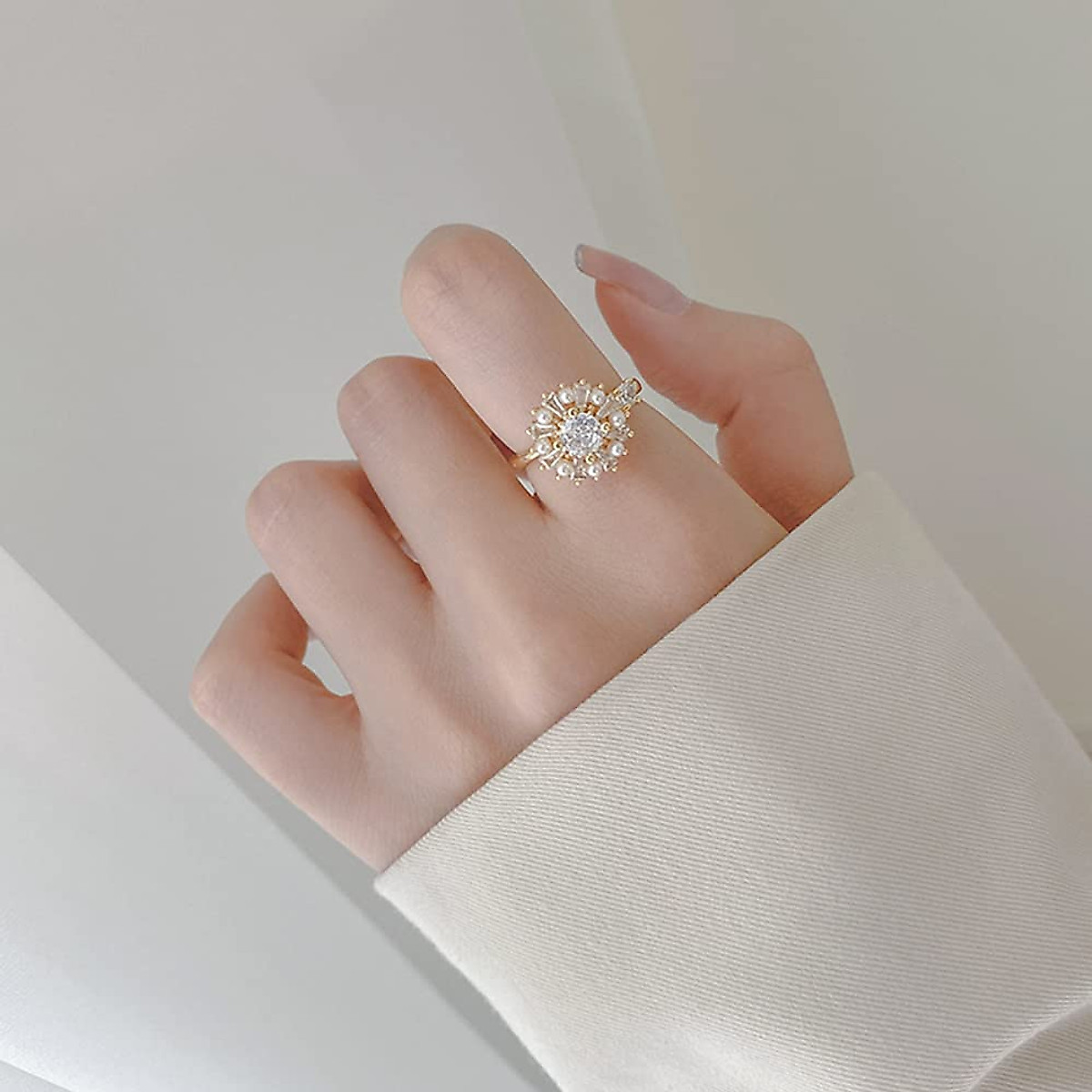 Rotatable Pearl Flower Round CZ Anti Anxiety Statement Adjustable Wrap Open Rings for Women 14K Gold Plated Cubic Zirconia Crystal Stress Relief Fidget Spinner Ring Dainty Expandable Stacking Worry Knuckle Snowflake Rings Fashion Jewelry Gifts Bff Xmas