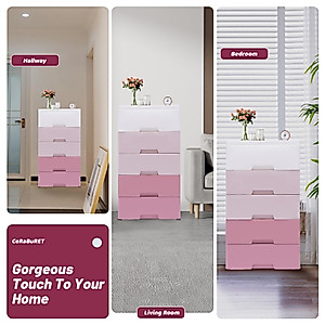 YIPONYT Plastic Drawers Storage Cart Mobile Cabinet with Casters, Tall Dressers Gradient Pink Stackable Vertical Storage, Large Containers Organizer Unit…