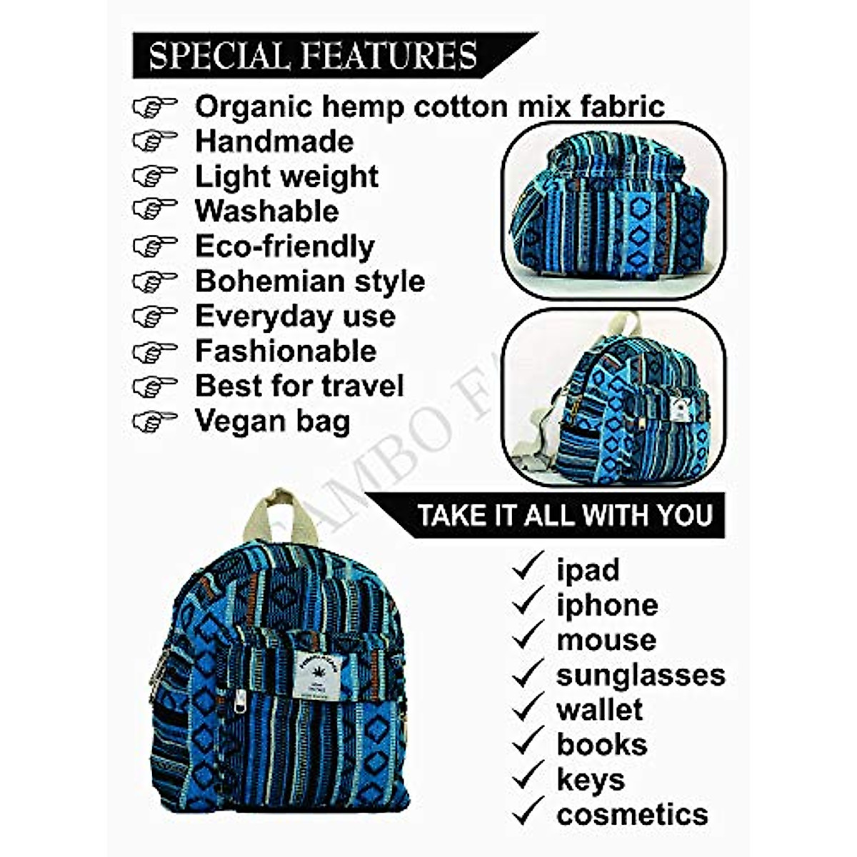 Generic Eco Friendly Set Of Mini Backpack + Pen case Coin Purse Hemp University Light Weight For Girl (Blue), Small