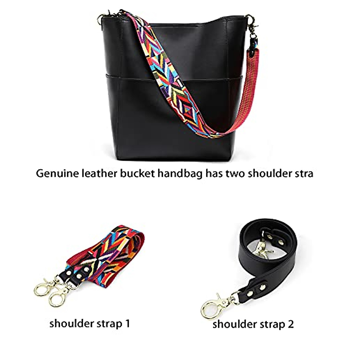 Seammer Genuine Leather Bucket Handbags for Women Large Designer Hobo Shoulder Handbag Purse Black